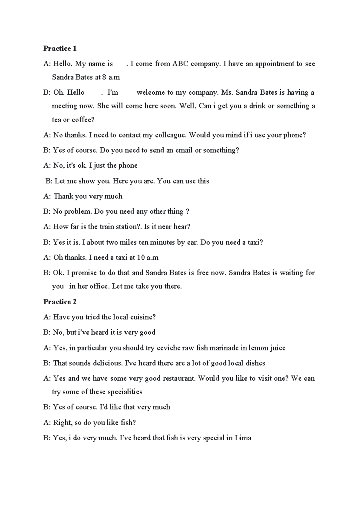 Practice Dialogue Scenarios - No Information Needed - Studocu