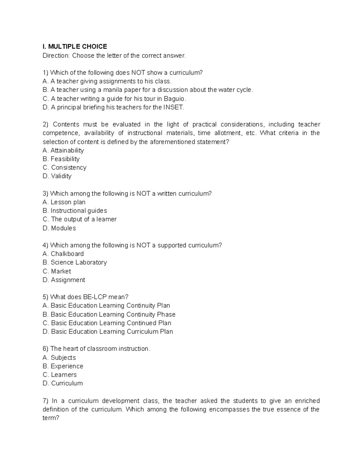 P Rofed 8 - TEST: Multiple Choice & True/False Review Guide - Studocu