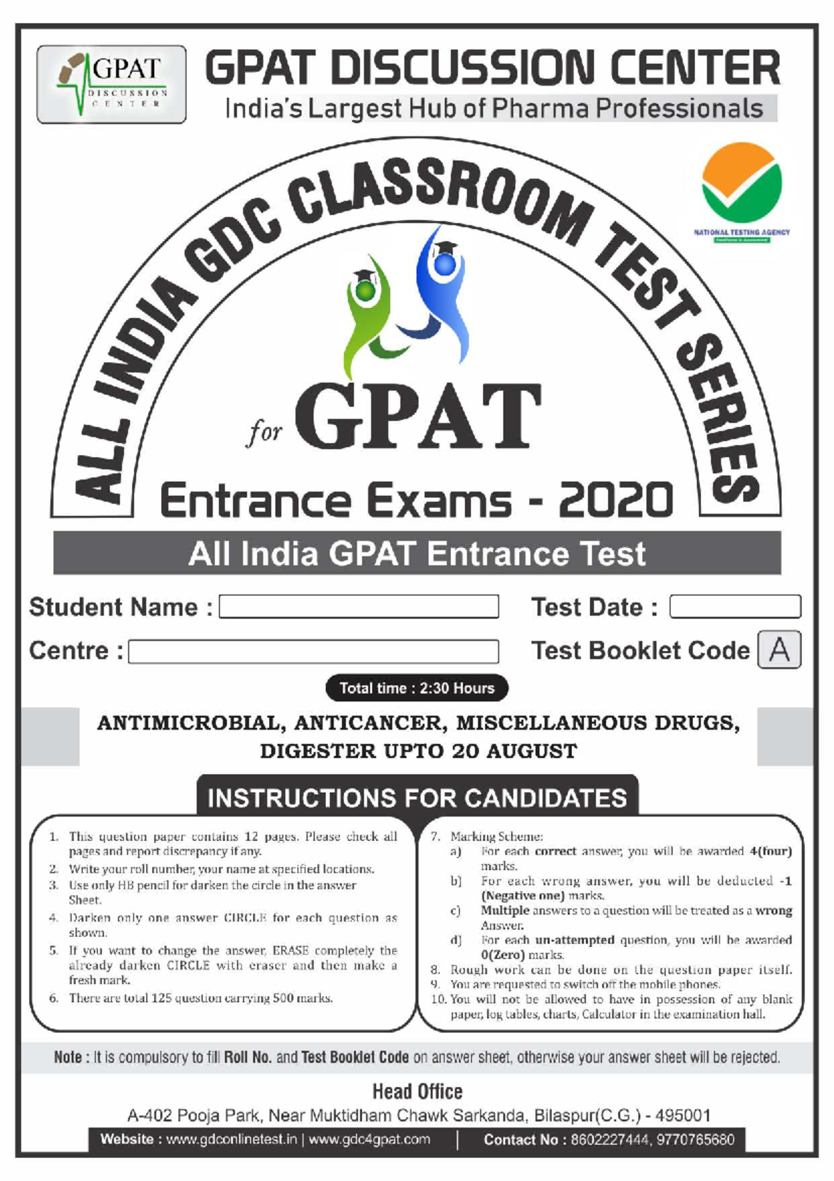 GPAT-2020 Grand TEST-1: Antimicrobial, Anticancer, and Miscellaneous ...