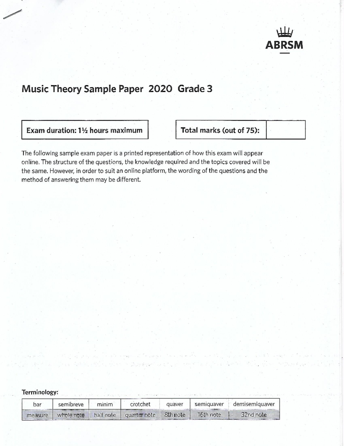ABRSM Music Theory Sample Paper 2020 - Grade 3 Exam (1 hr, 75 marks ...