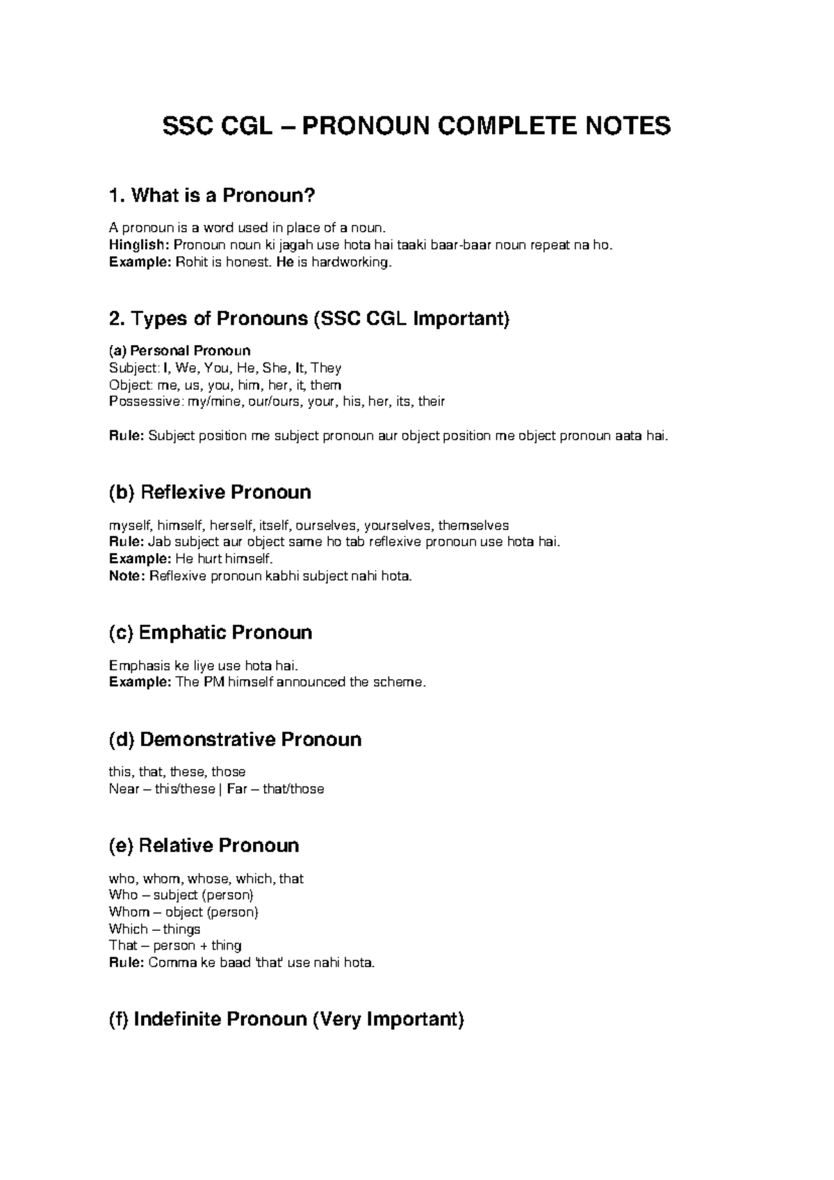 SSC CGL Pronoun Complete Notes: Types & Rules Explained - Studocu