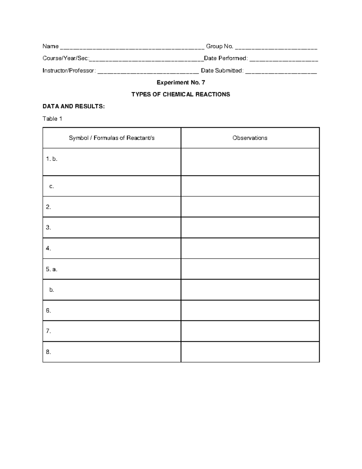Chemistry Lab Sheet Activity No. 7: Types of Chemical Reactions - Studocu