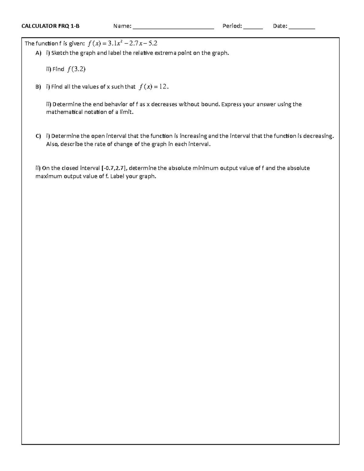AP Calculus FRQ 1B: Analyzing Function f and Its Graph - Studocu