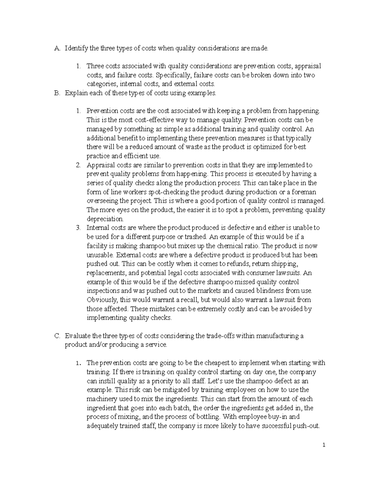 QHT1 - Task 1: Analyzing Quality Costs in Manufacturing Processes - Studocu