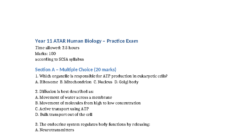 Year 11 ATAR Human Biology Practice Exam Questions & Answers - Studocu