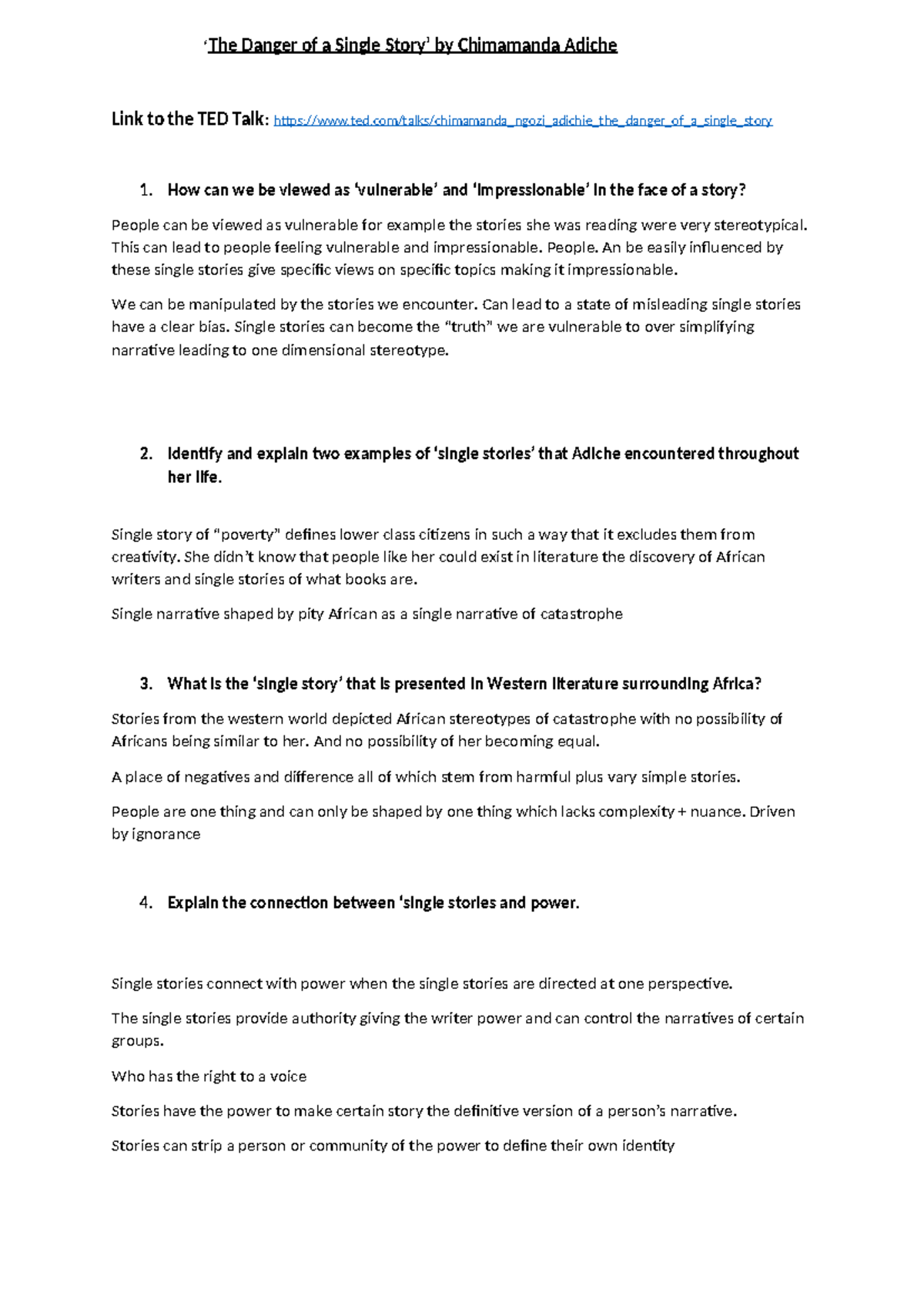 The Dangers of a Single Story: Activities and Insights - Studocu