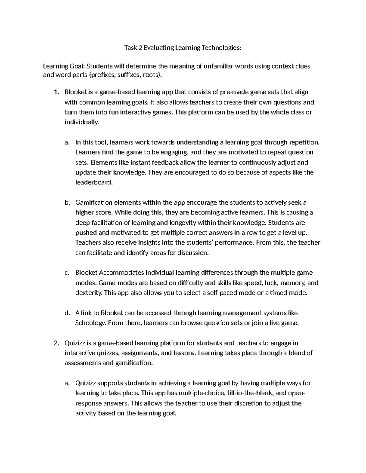 Learning Technology D294 Task 2: Evaluating Engaging Learning Apps ...