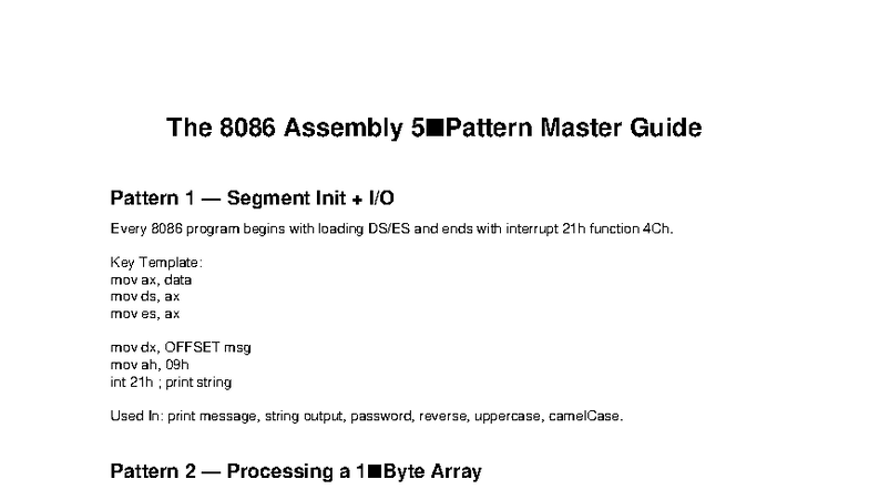 8086 Assembly 5 Pattern Master Guide for Programming - Studocu