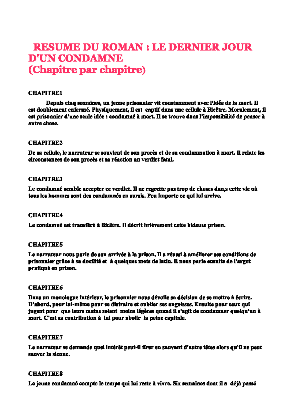 Résumé du Roman "Le Dernier Jour Condamné" (Chapitre par Chapitre ...