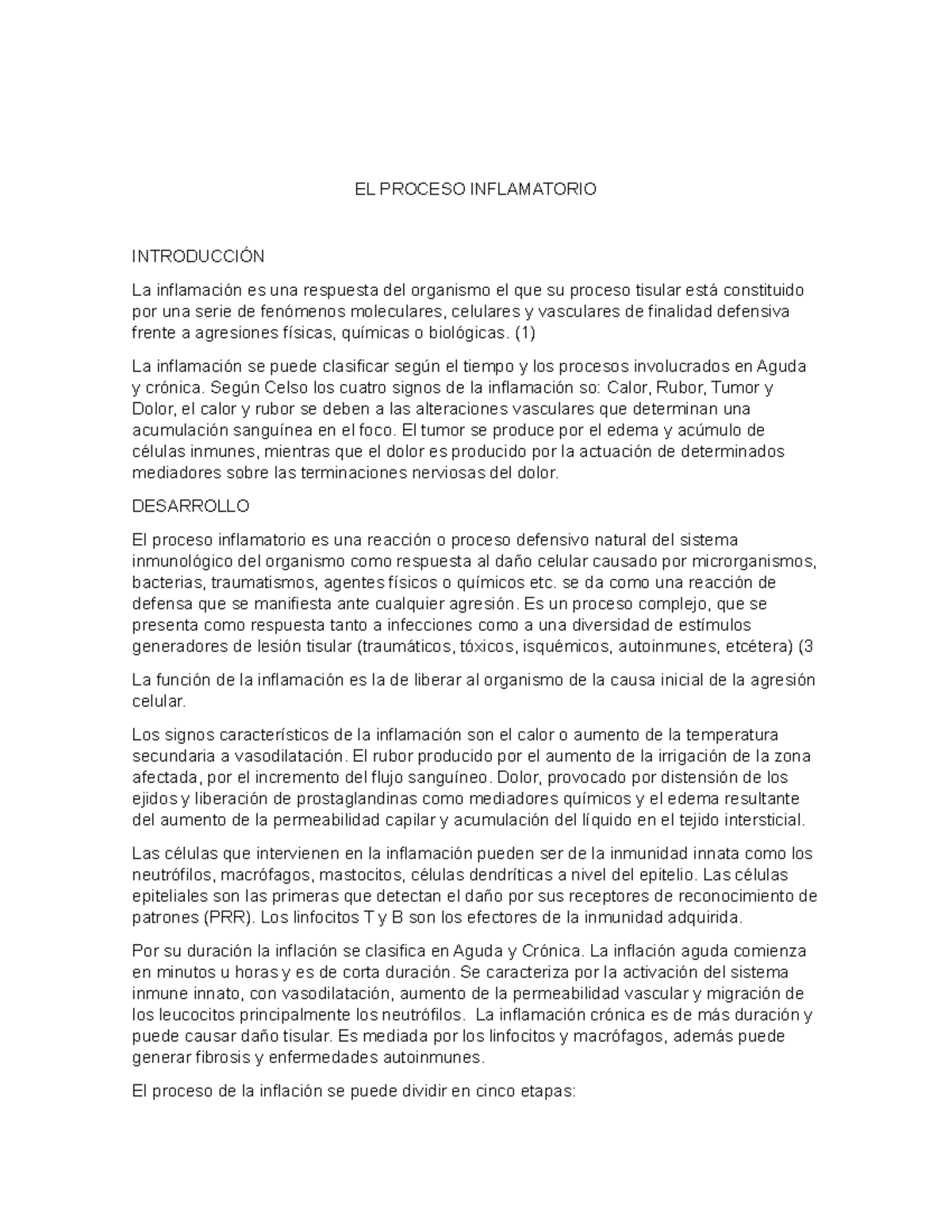 EL PROCESO INFLAMATORIO: MECANISMOS Y CLASIFICACIÓN - Studocu
