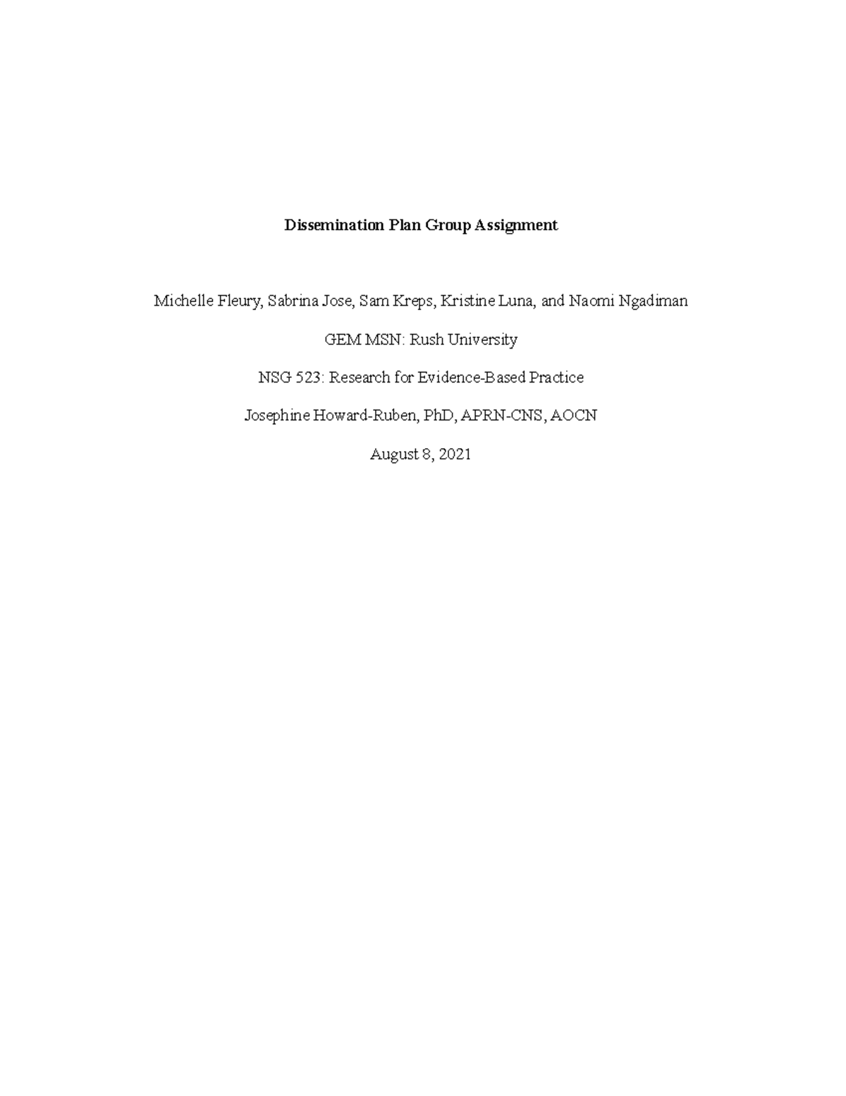 Finalized Dissemination Plan Group Assignment - Dissemination Plan ...