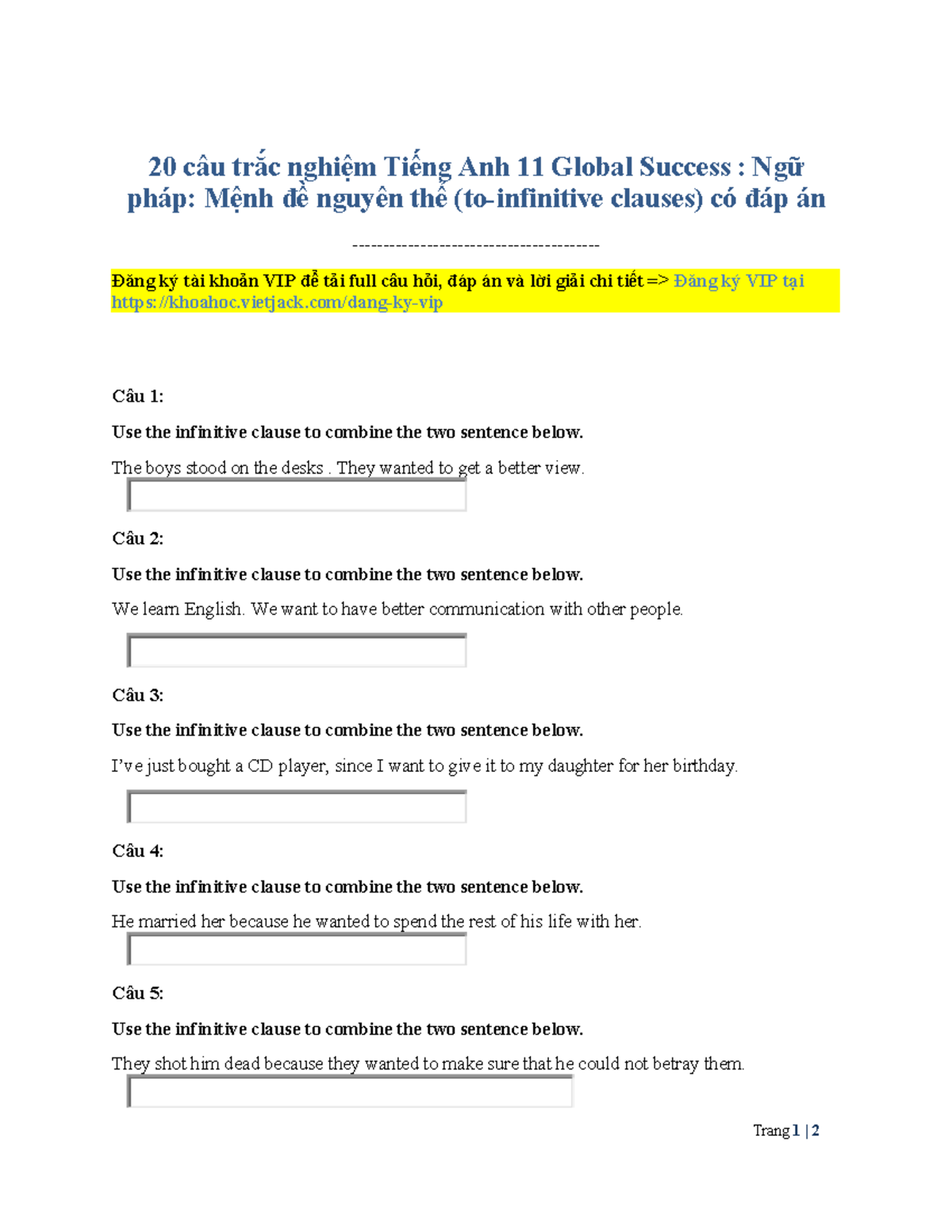 20 Câu Trắc Nghiệm Tiếng Anh 11: Mệnh Đề Nguyên Thể (Infinitive Clauses ...