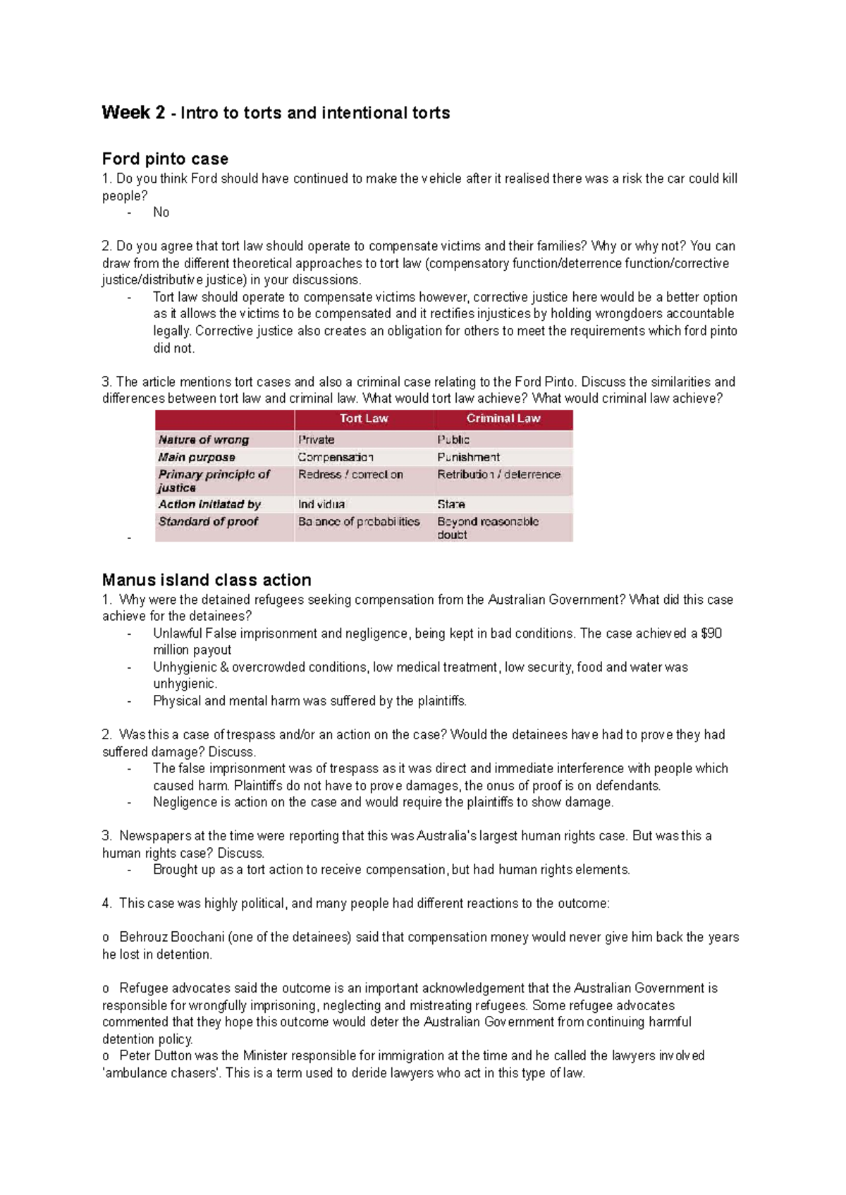 Torts (LAW101) - Week 2 Tutorial Notes on Torts and Case Studies - Studocu