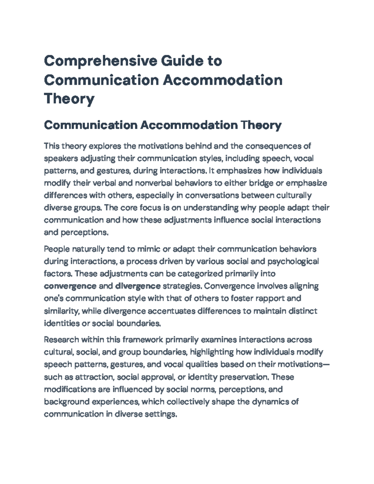 Comprehensive Overview of Communication Accommodation Theory (CCT 101 ...