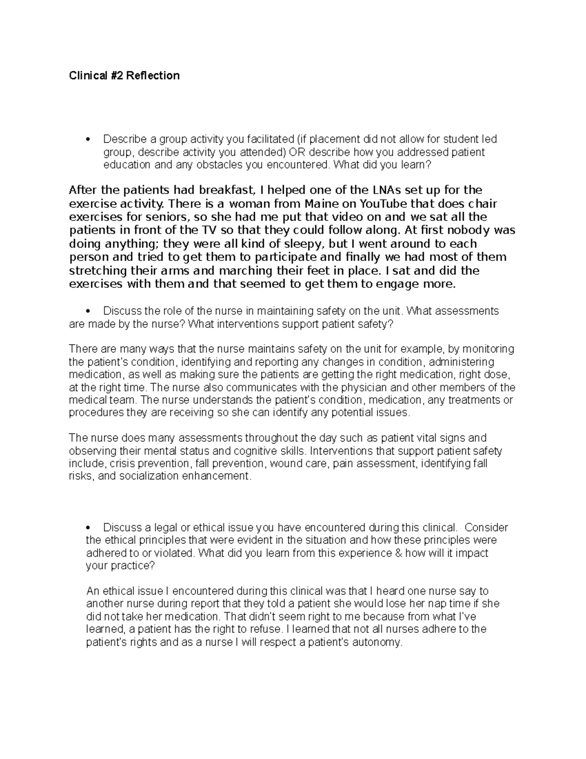 Clinical Reflection #2 - Clinical #2 Reflection Describe a group ...