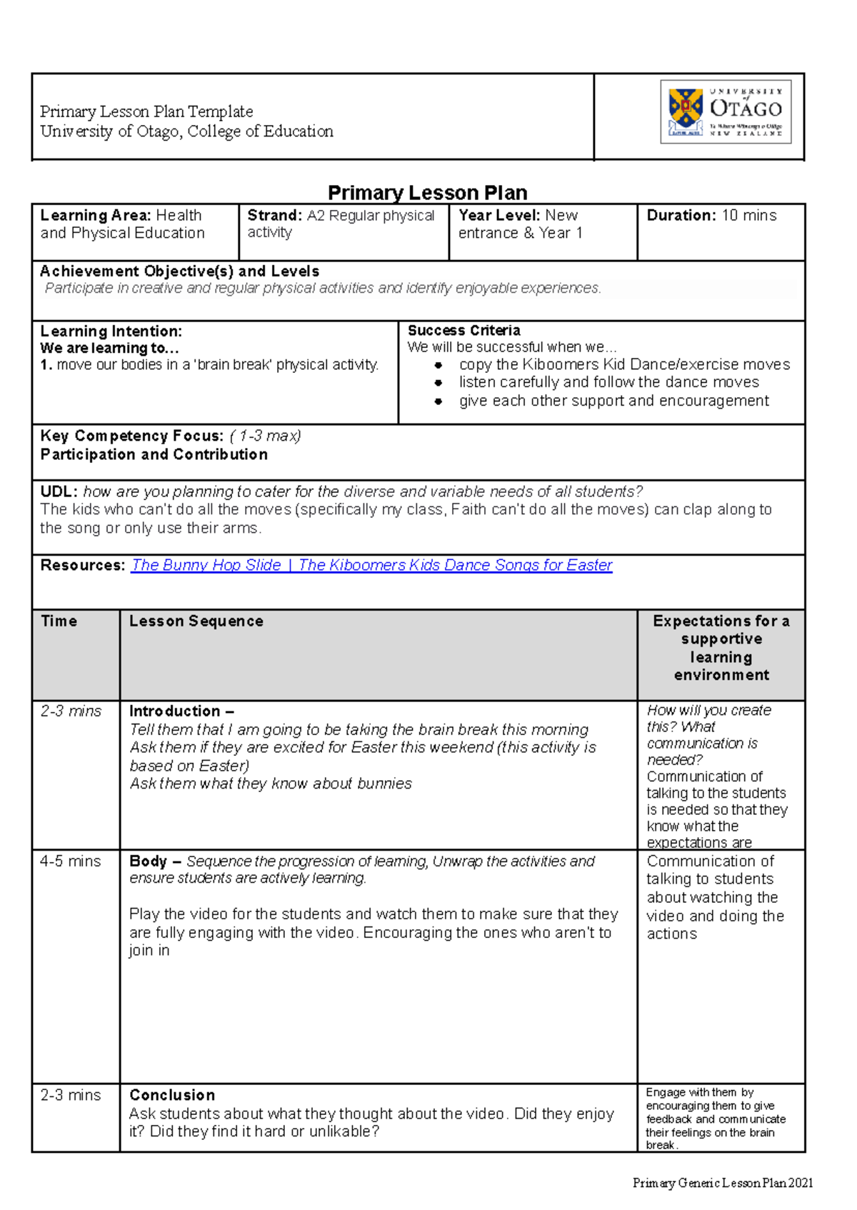 EDCR135 Primary Lesson Plan: Brain Break Activity Template - Studocu
