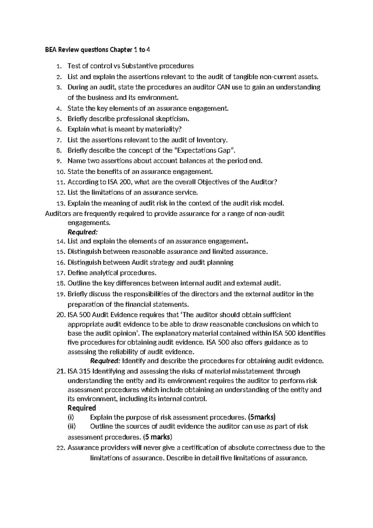 BEA Review Questions: Chapters 1-4 on Audit Procedures and Assurance ...