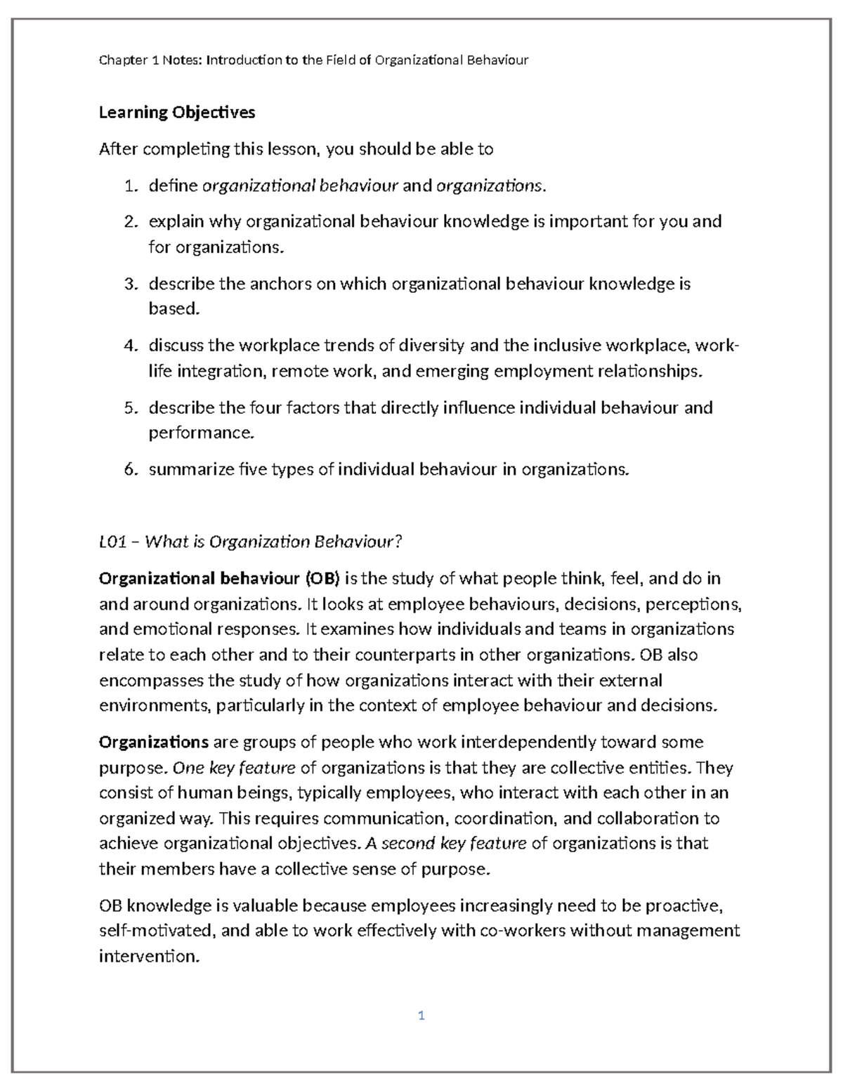 Chapter 1 Notes: Intro to Organizational Behaviour (L01) Learning ...