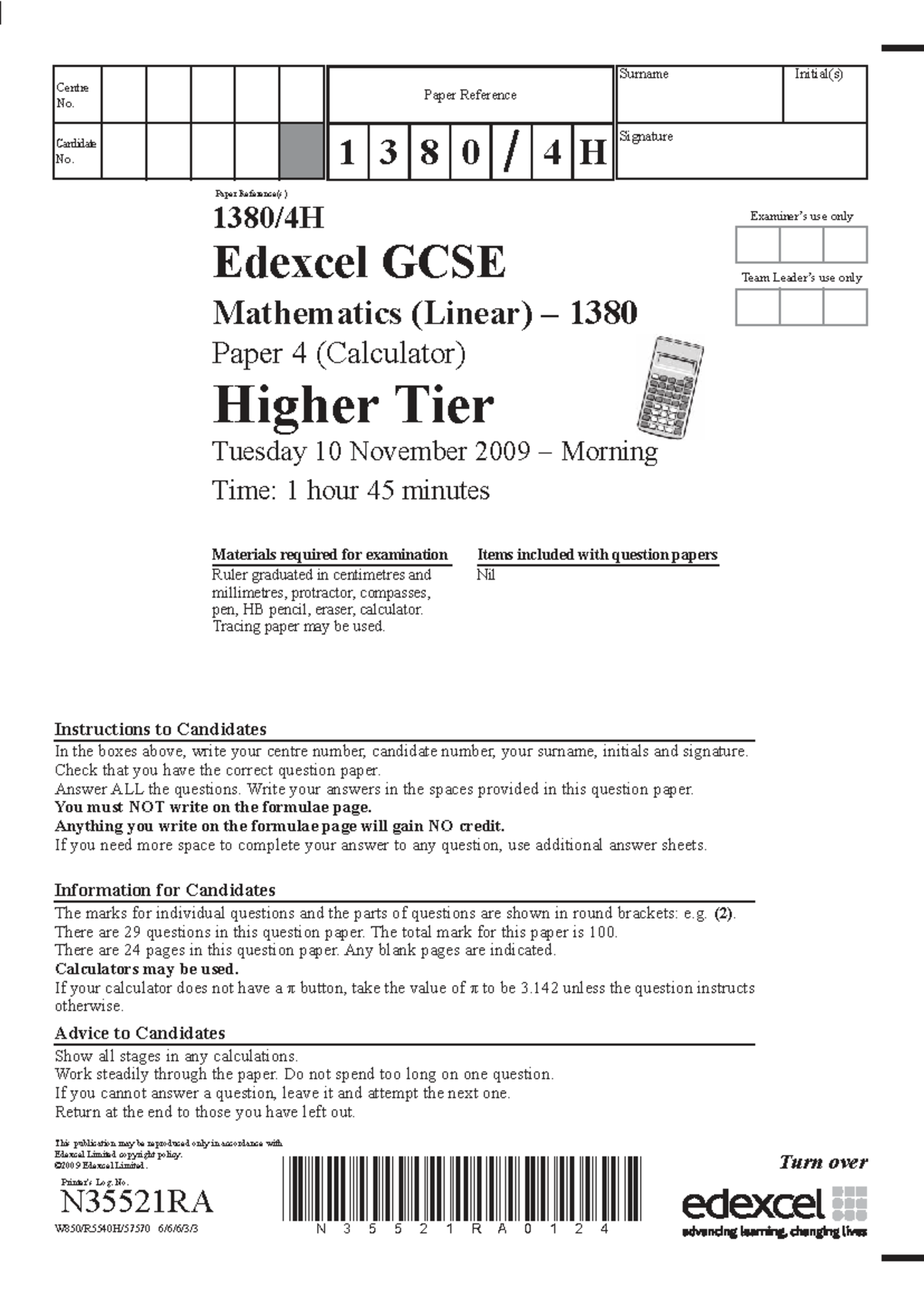 GCSE Mathematics (Linear) 1380 Paper 4 Higher Tier Past Exam - Nov 2009 ...