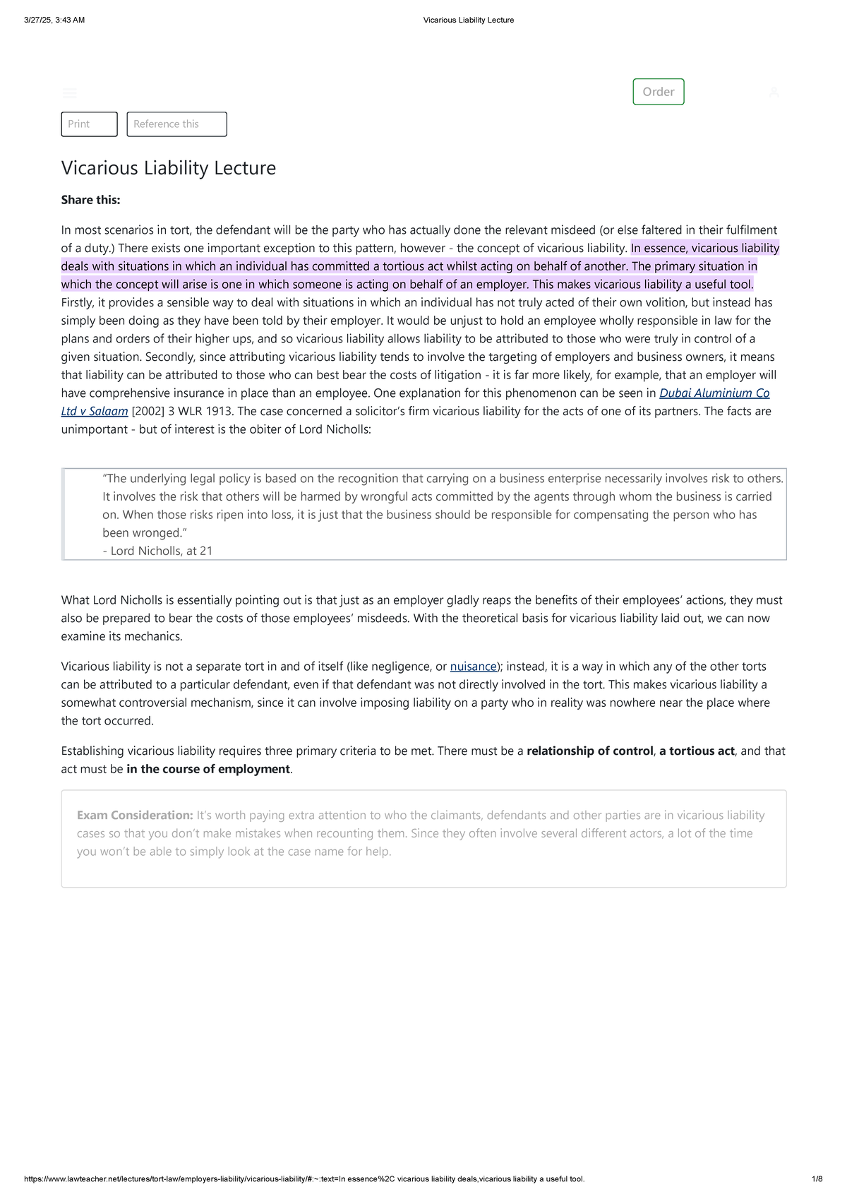Tort Law - Law Teacher Vicarious Liability Lecture Notes - Studocu