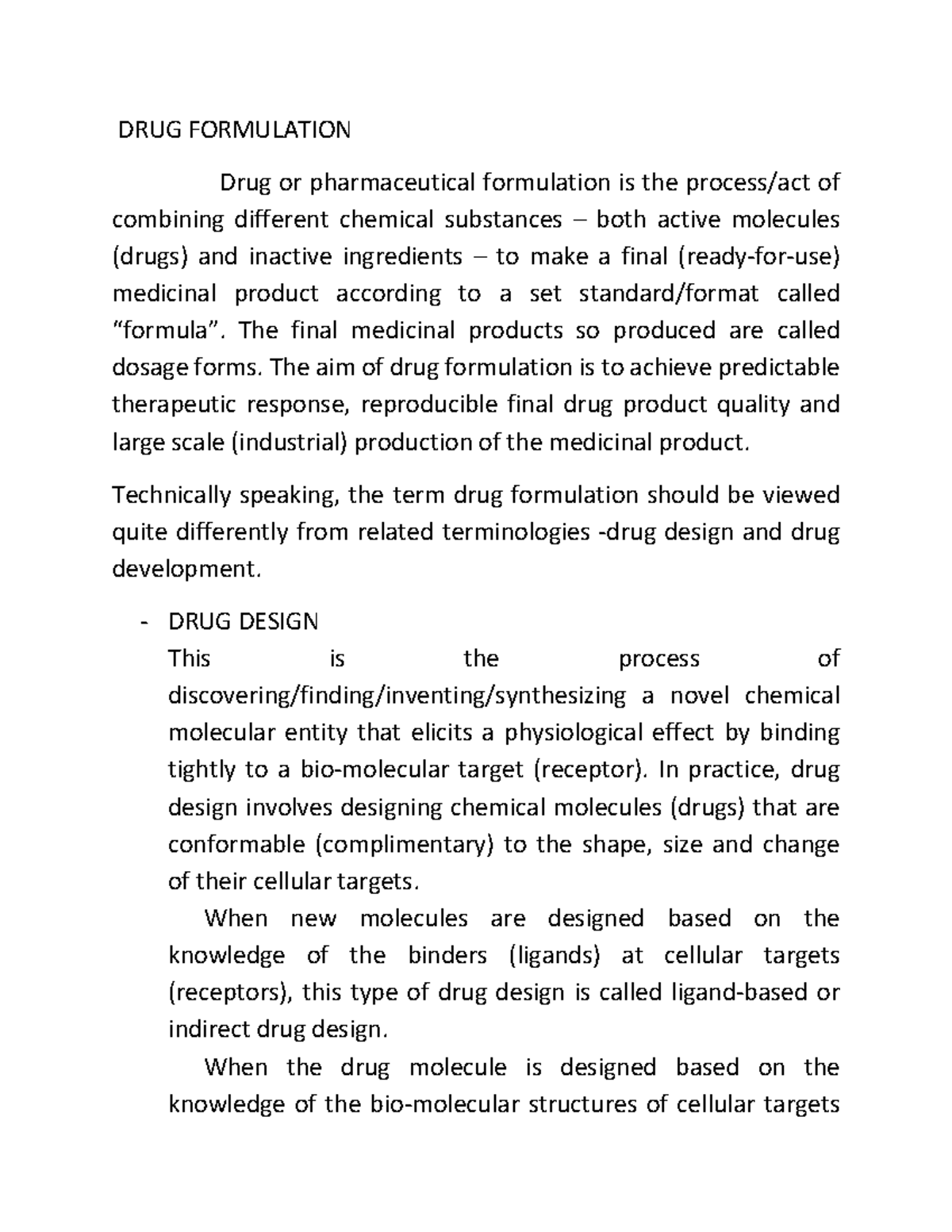 DRUG FORMULATION (PHAR 101) - Comprehensive Lecture Notes - Studocu