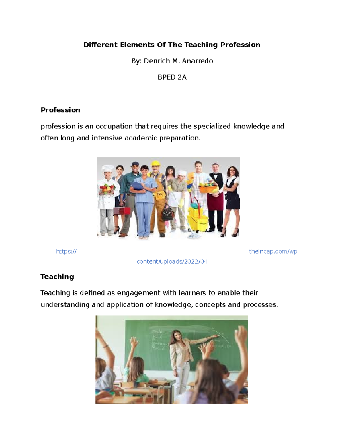 Different Elements of the Teaching Profession: BPED 2A Fact Sheet - Studocu