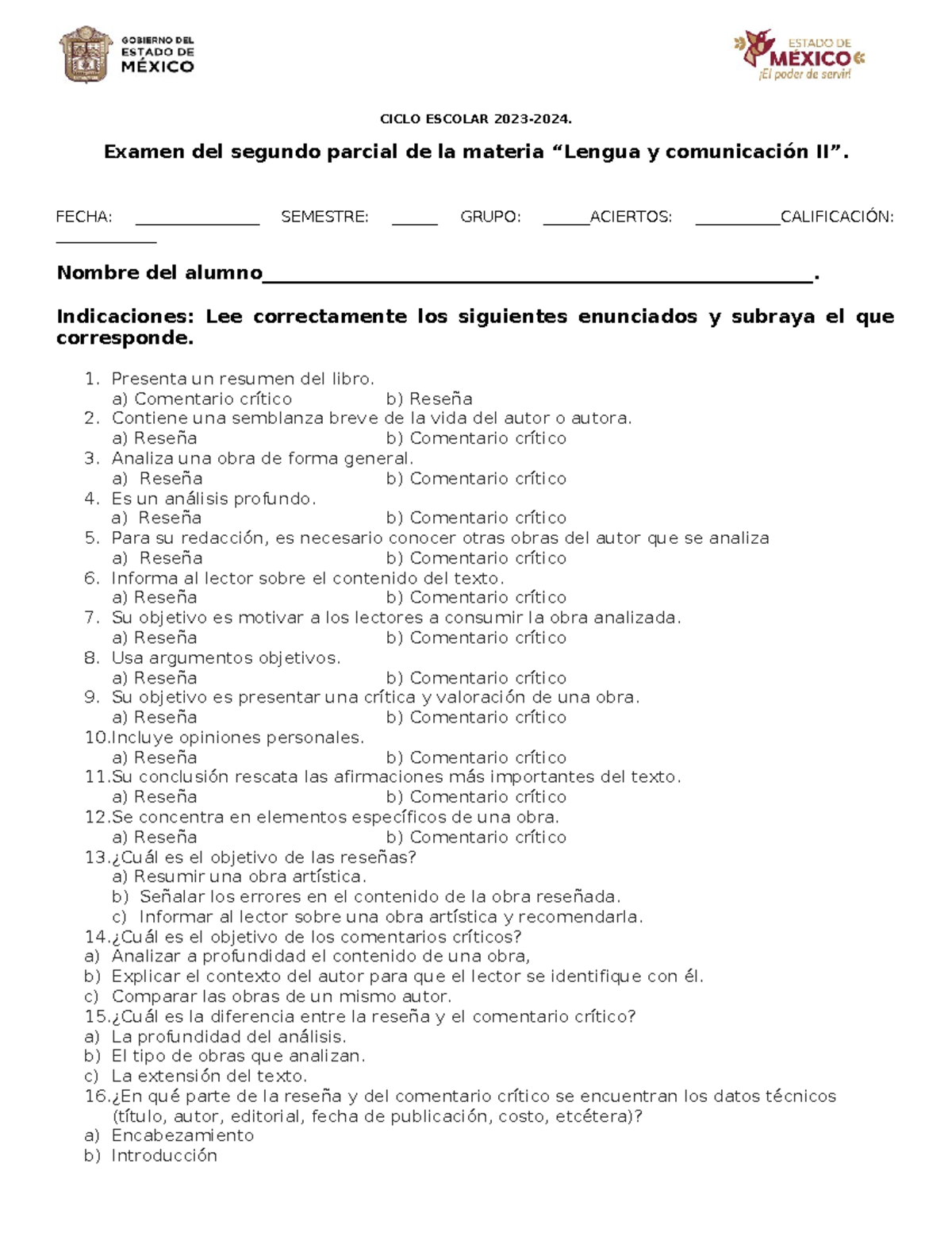 Examen Segundo Parcial Lengua y Comunicación II - Ciclo 2023-2024 - Studocu