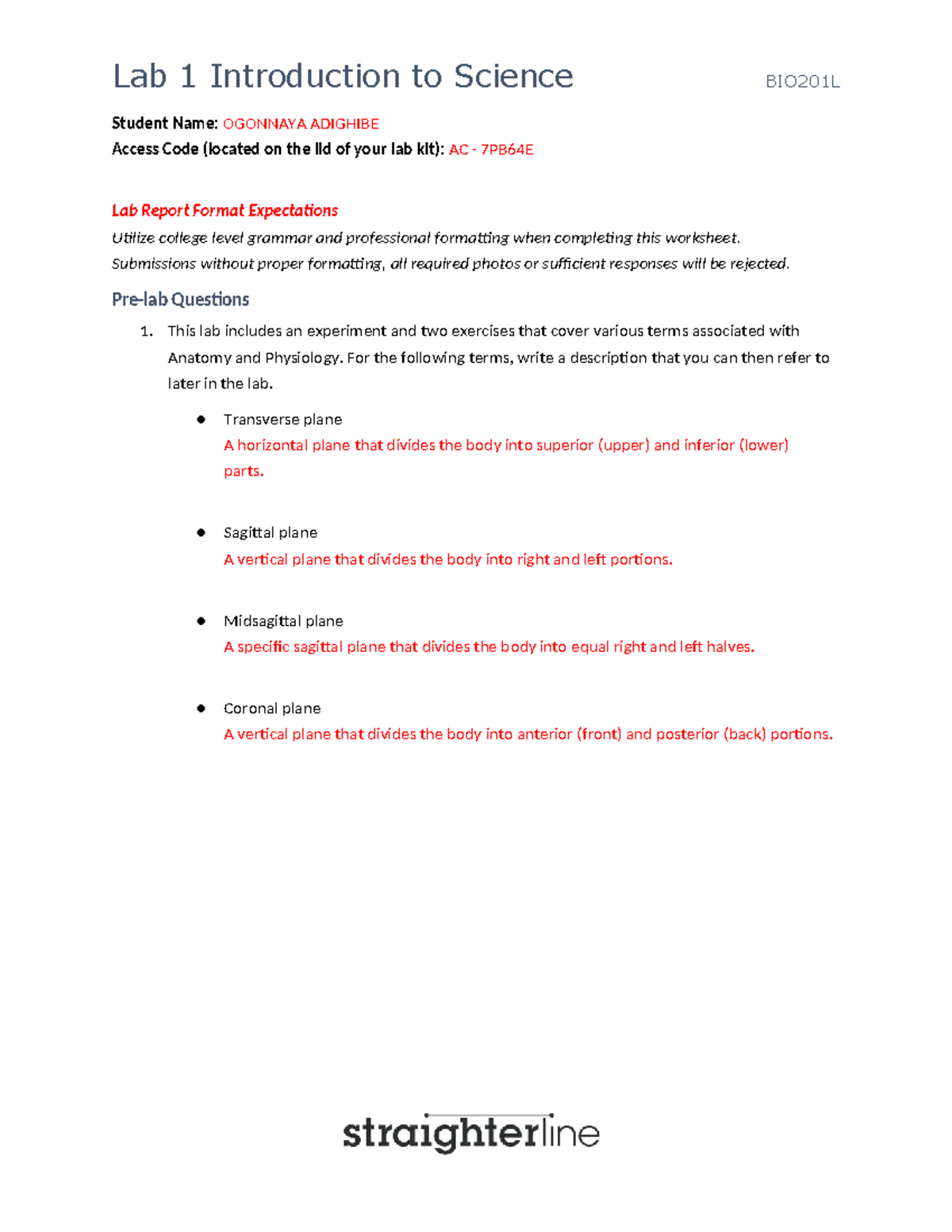 Lab 1 Worksheet: Introduction to Science BIO201L - Anatomy & Physiology ...