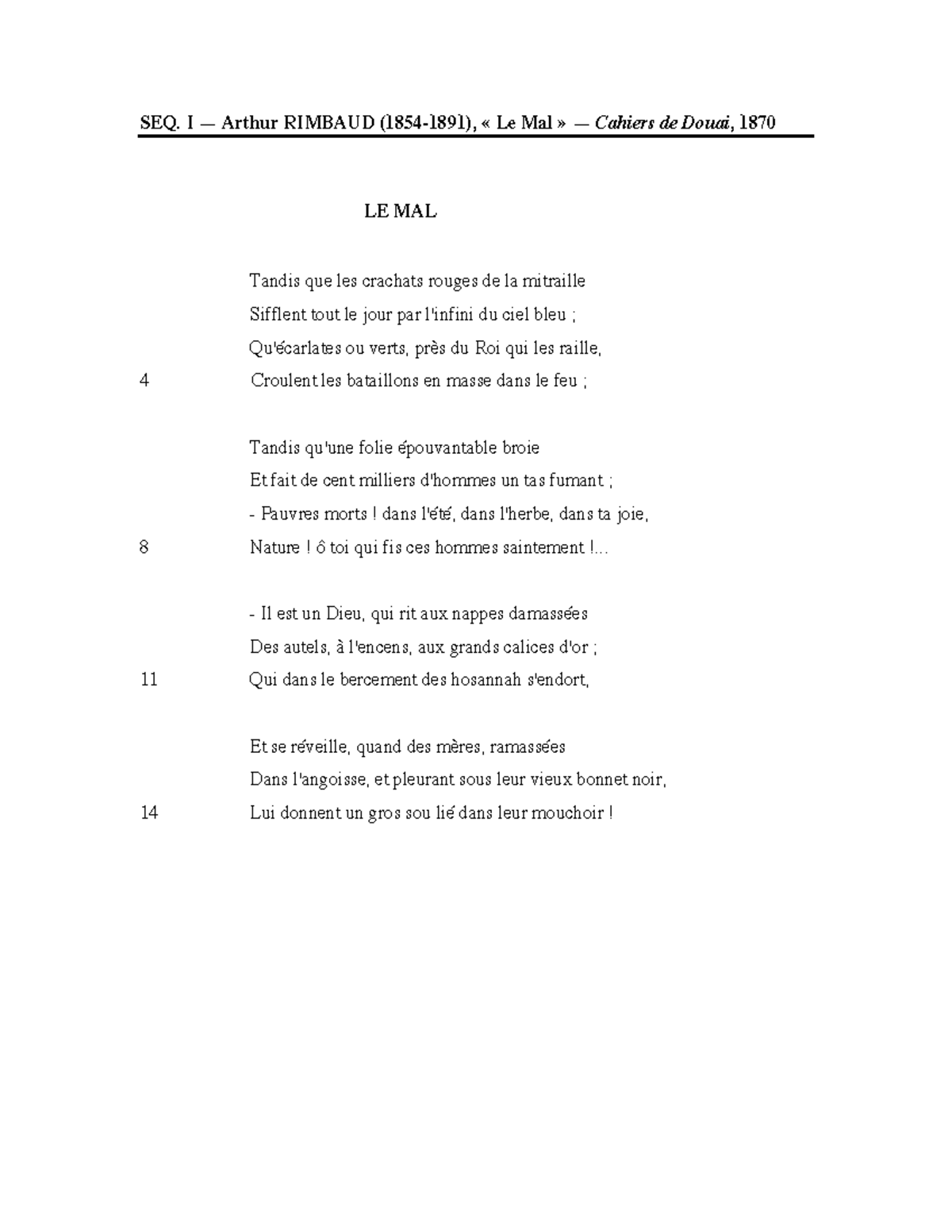 SEQ. I Arthur RIMBAUD - Analyse du Poème "Le Mal" (Cahiers de Douai ...