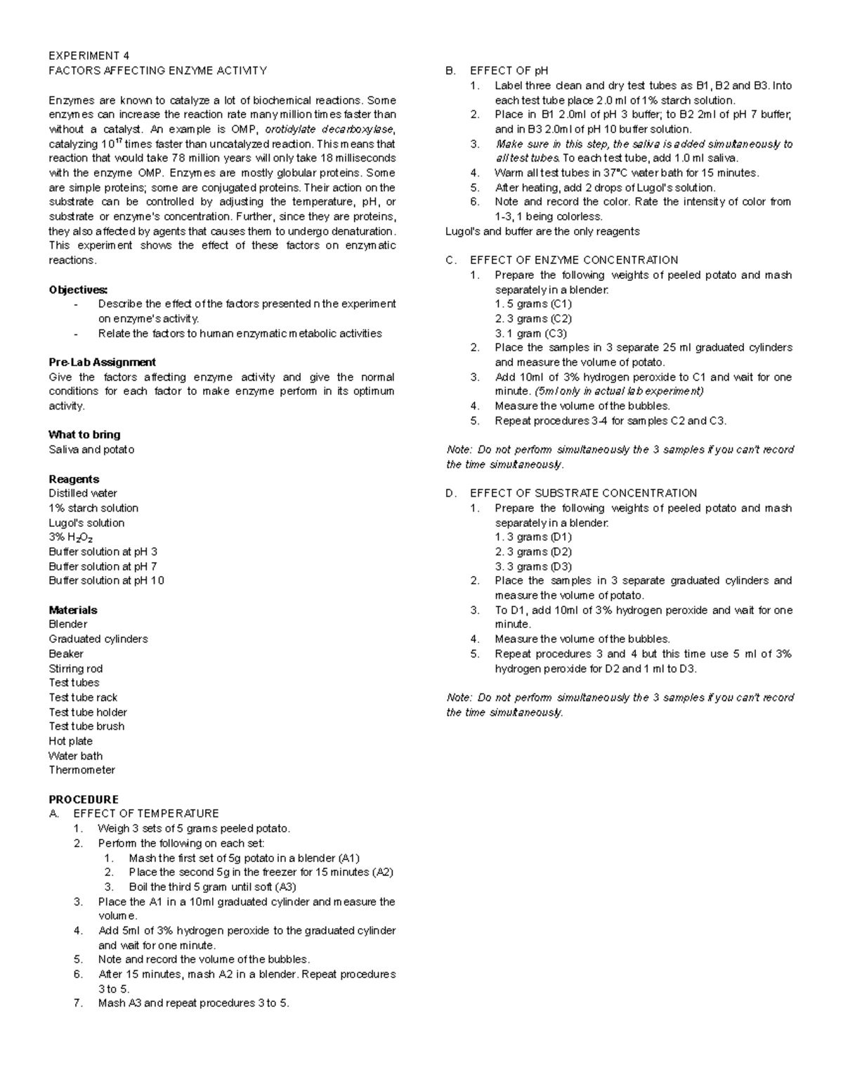 Biochem Lab 1: Experiment 4 - Factors Influencing Enzyme Activity - Studocu