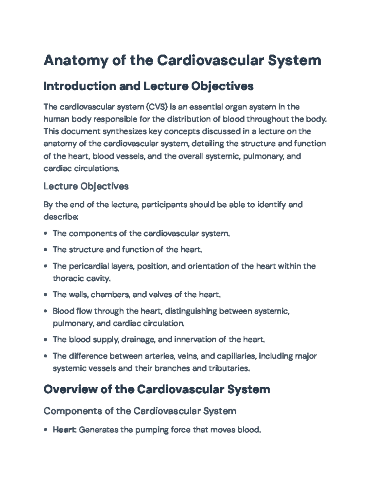 Anatomy of the Cardiovascular System: Lecture Notes & Objectives ...