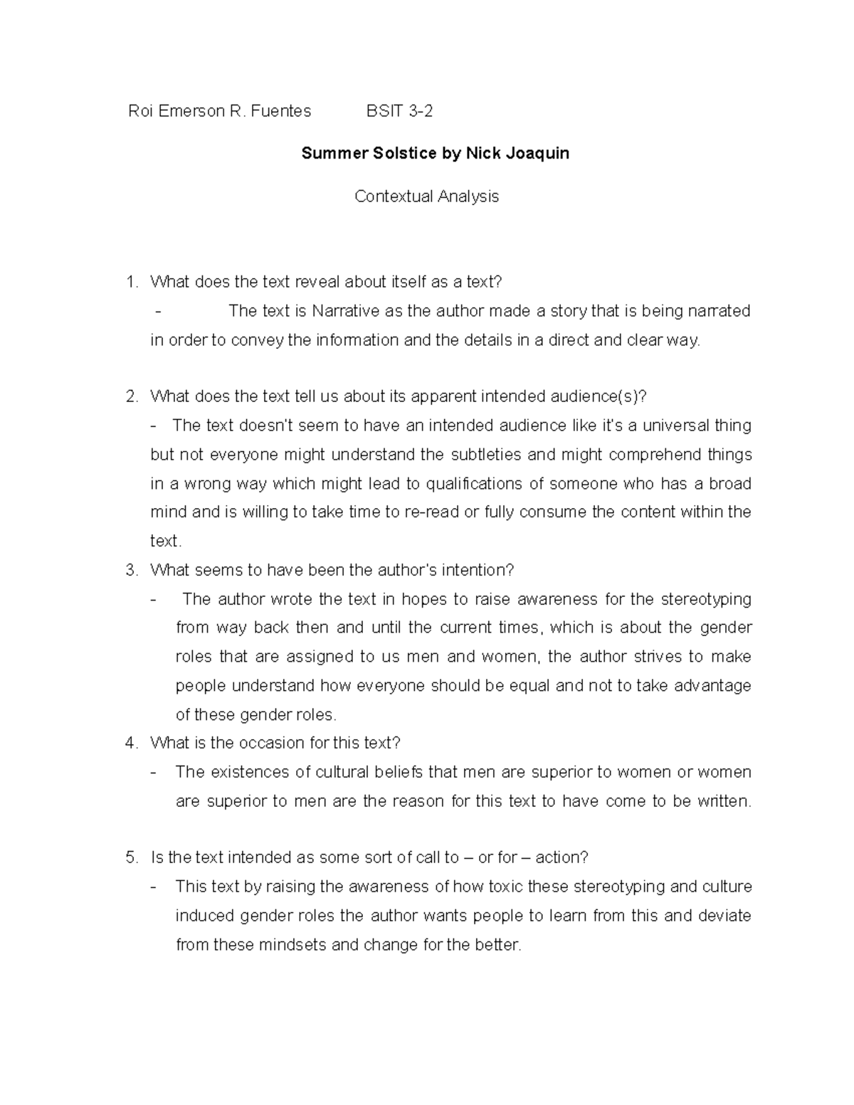 Contextual Analysis about Summer Solstice by Nick Joaquin - Roi Emerson ...