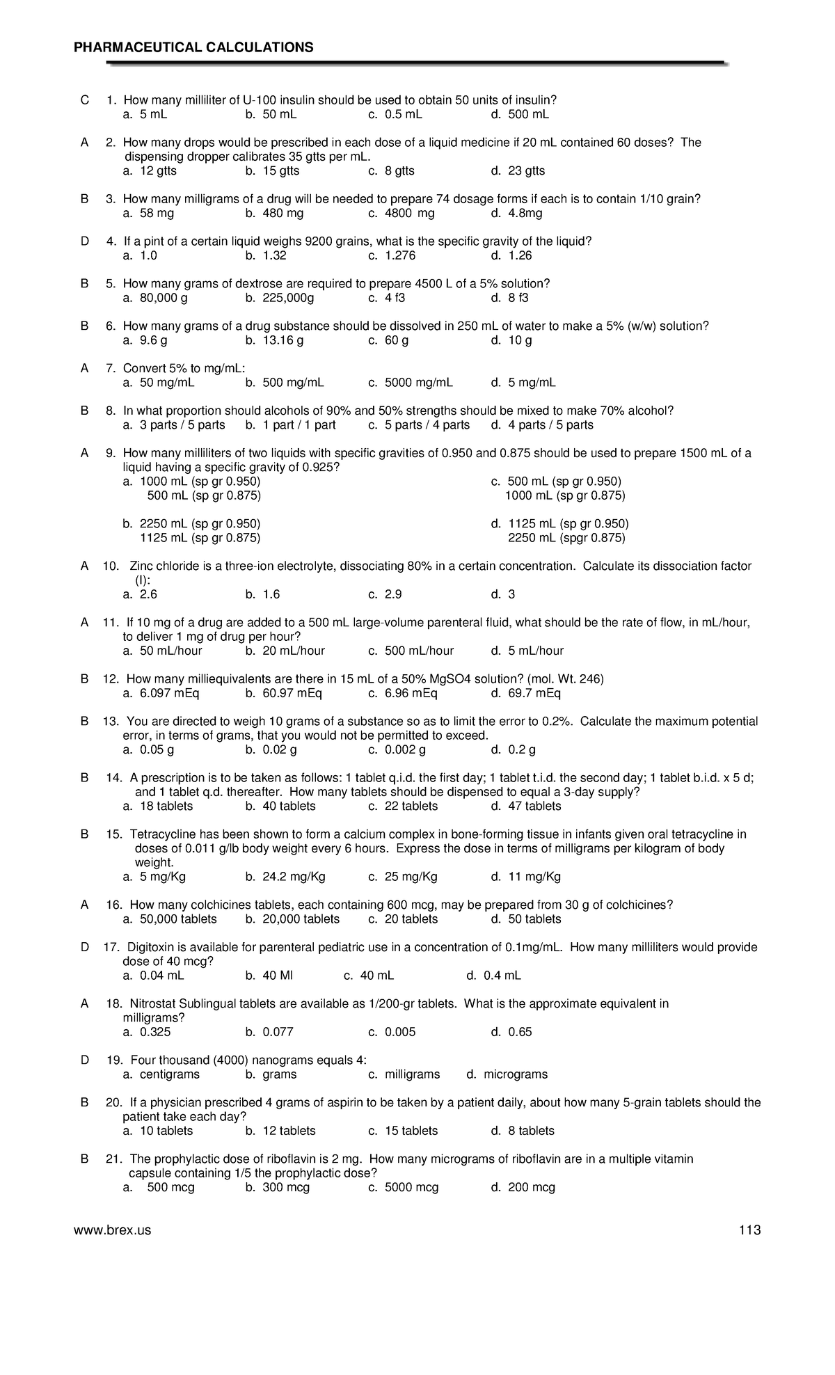 Pharmaceutical Calculations - Answer Key for Green Pacop (PHM-101 ...
