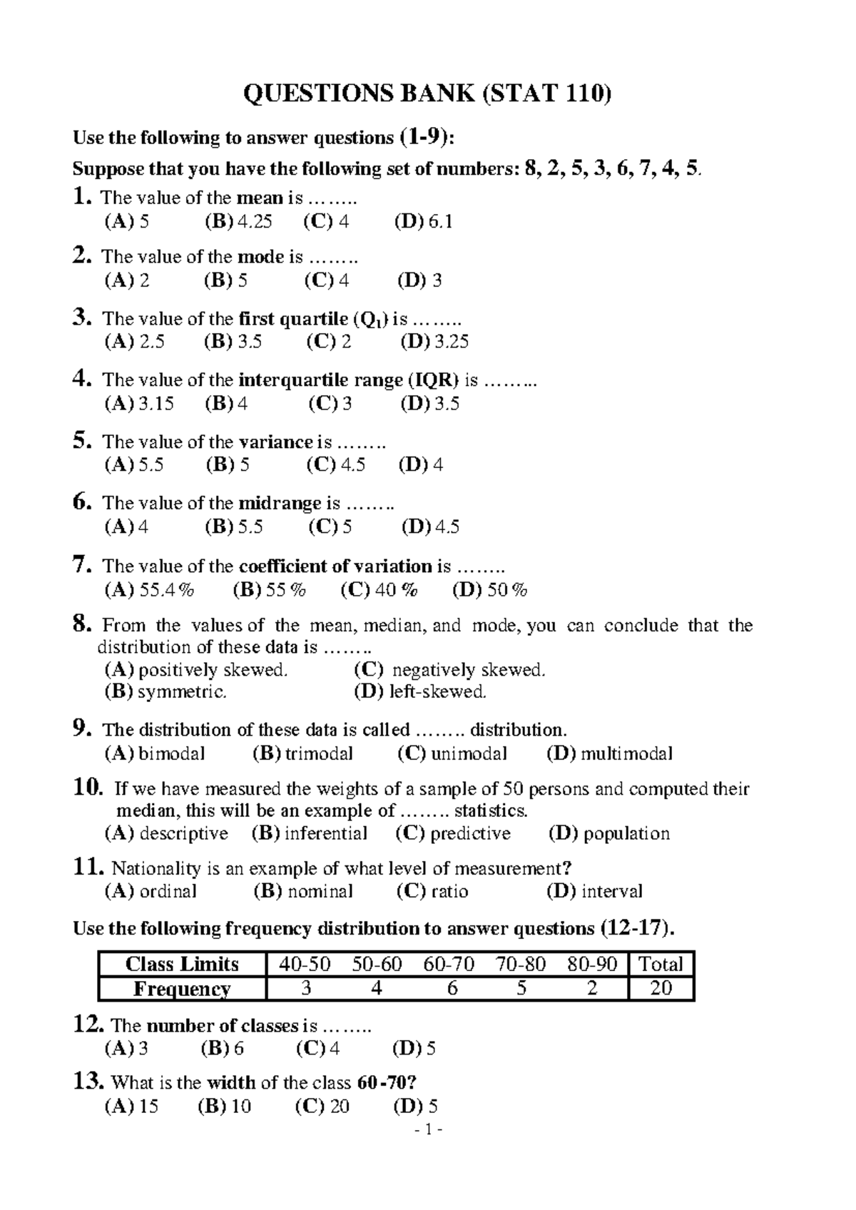 Questions Bank (STAT 110) - QUESTIONS BANK (STAT 110) Use the following ...