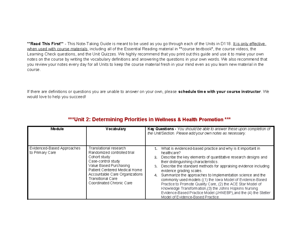 Note Taking Guide D118 - Adult Primary Care: Unit Insights and Key ...