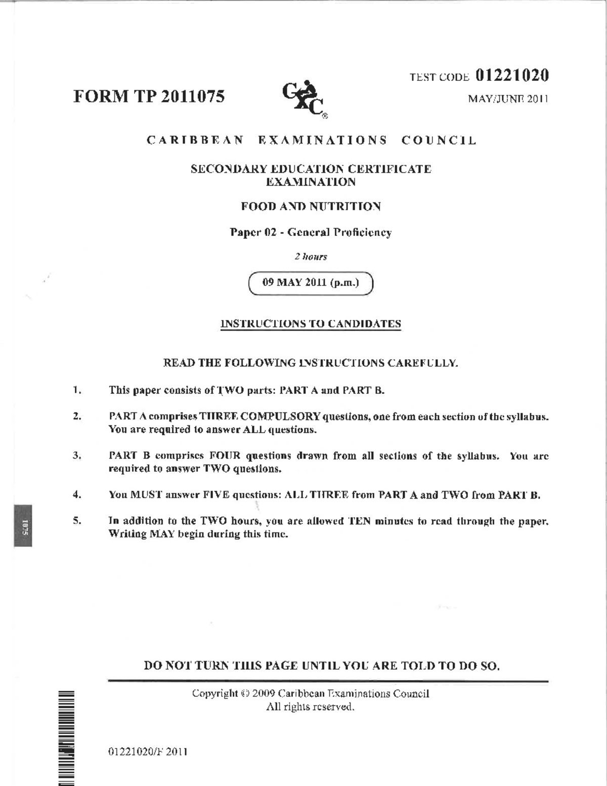CSEC FNH 2011 P2 - Food and Nutrition Paper 02 Practice Exam Guide ...