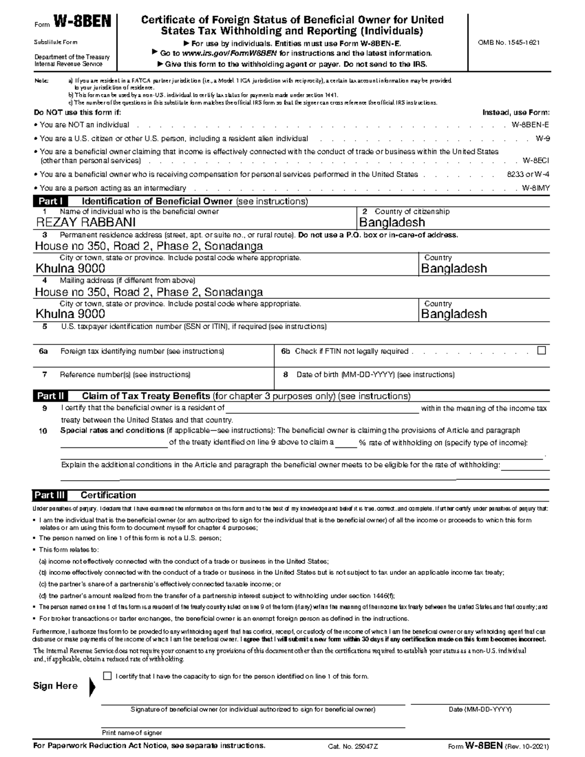 Doc - US witholding tax - FormW-8BEN Substitute Form Department of the ...