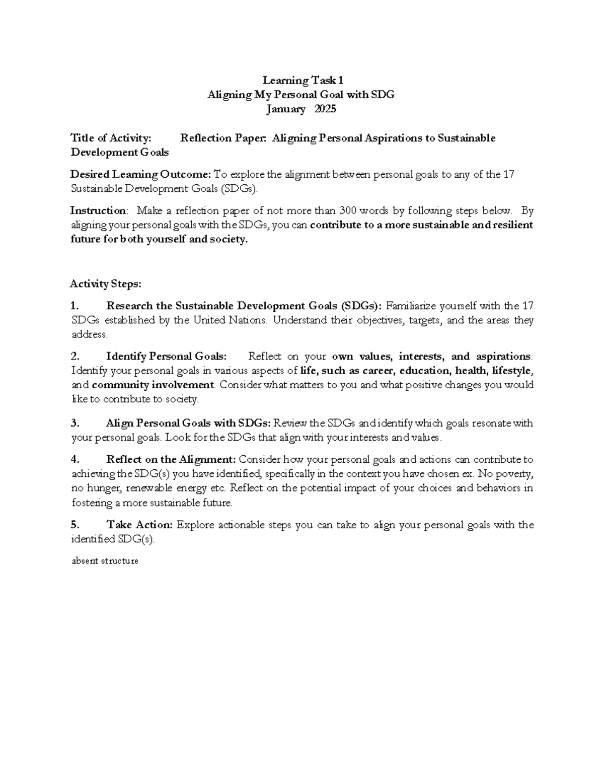 Learning Task 1-Aligning My Personal Goal with SDG - Instruction: Make ...
