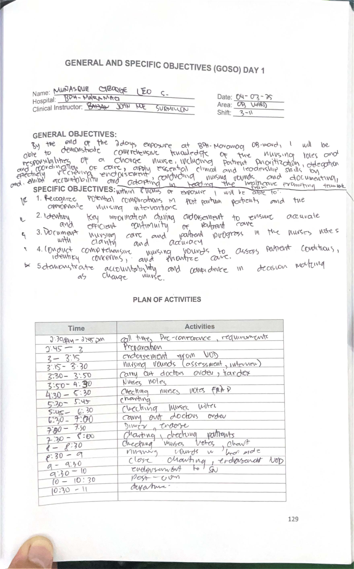 (PART-1) OB WARD WB - OB Ward Nursing Objectives & Activities - Studocu