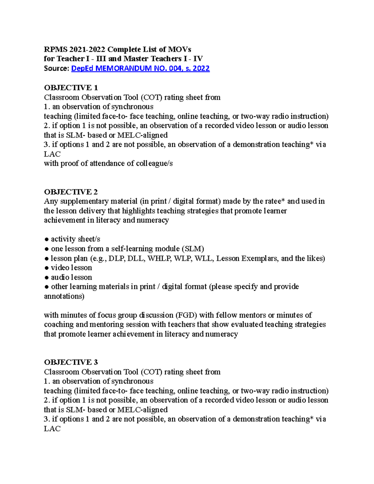 RPMS 2021-2022 MOVs for Teachers I-III & Master Teachers I-IV - Studocu