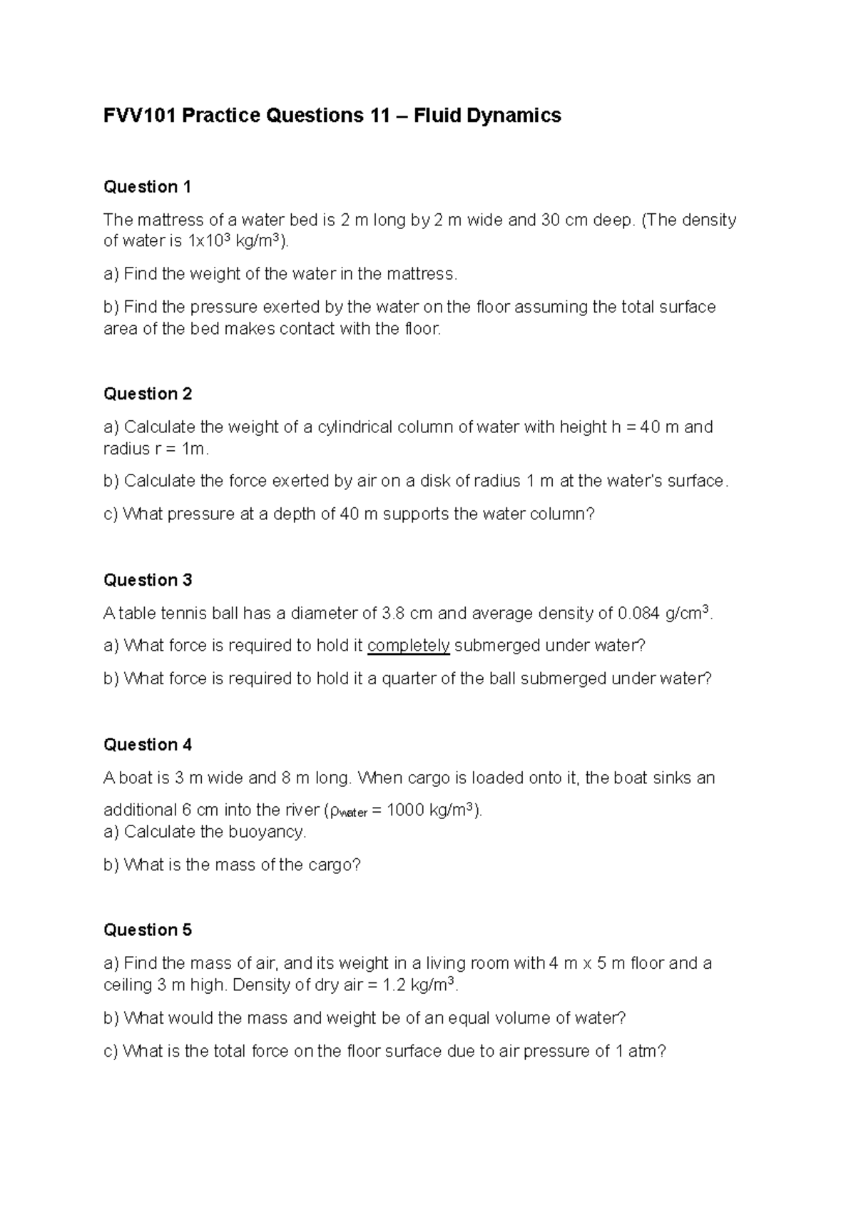 FVV101 Practice Questions 11: Fluid Dynamics Problems and Solutions ...