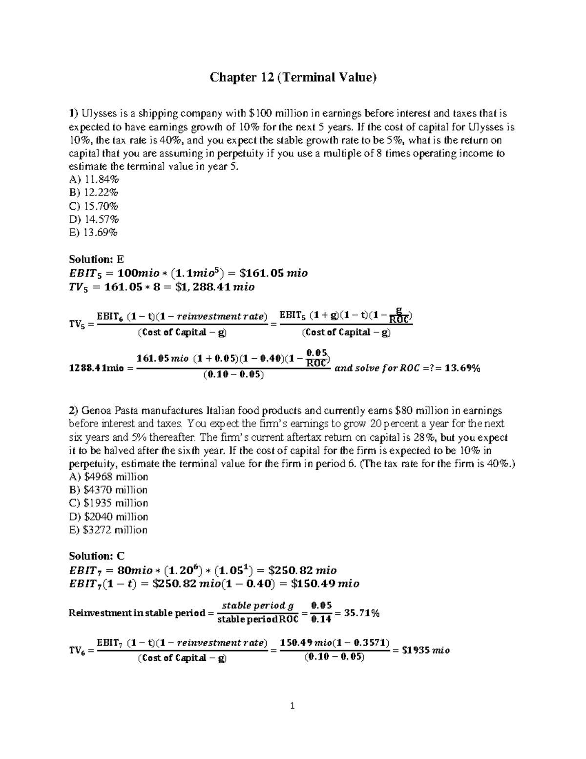 Ch 12 Problem Set Solutions - 5 Solutions for Terminal Value ...