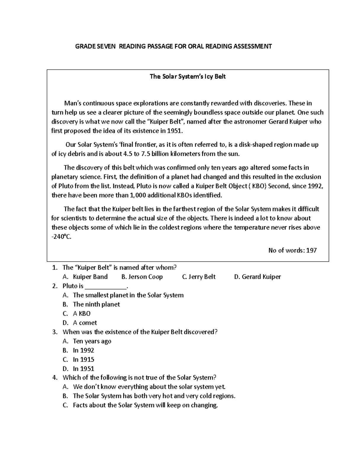 Grade 7 - Oral Reading Assessment on the Kuiper Belt - Studocu