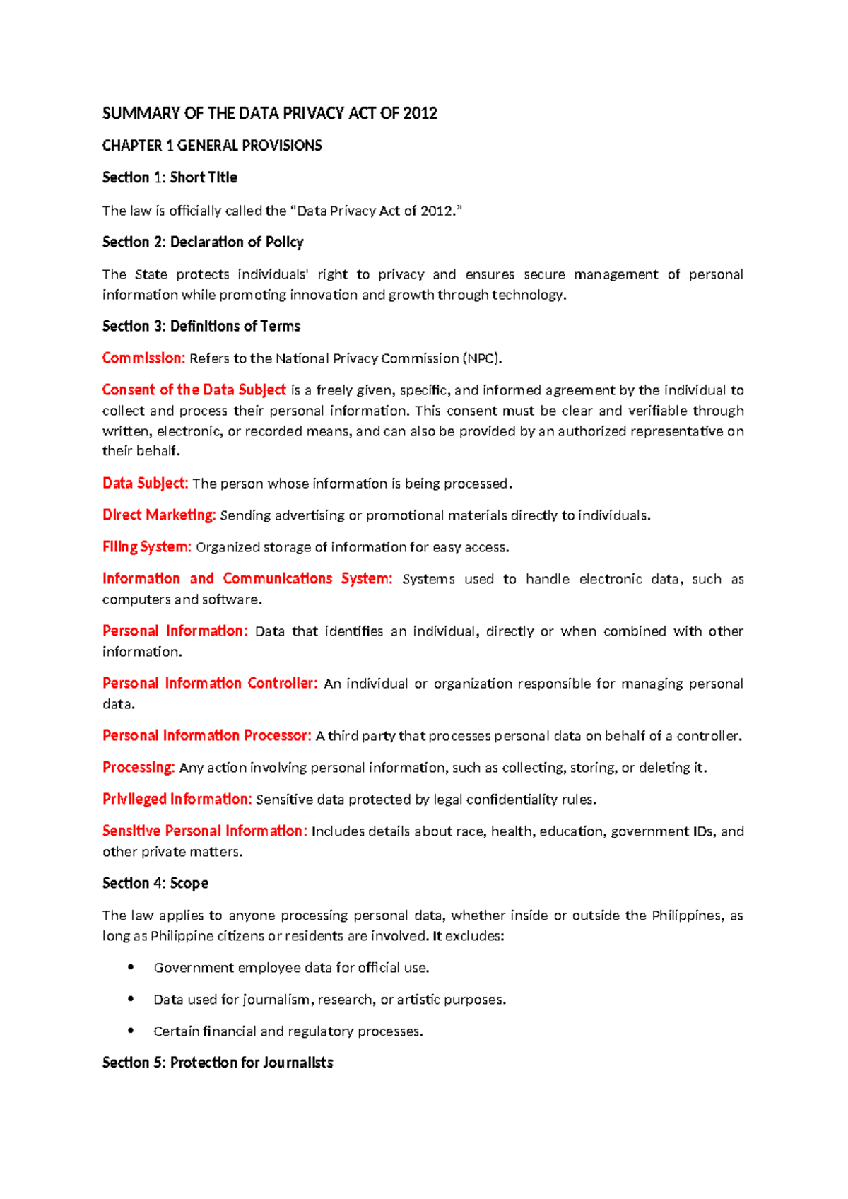 RA 10173: Summary of the Data Privacy Act of 2012 Chapters - Studocu