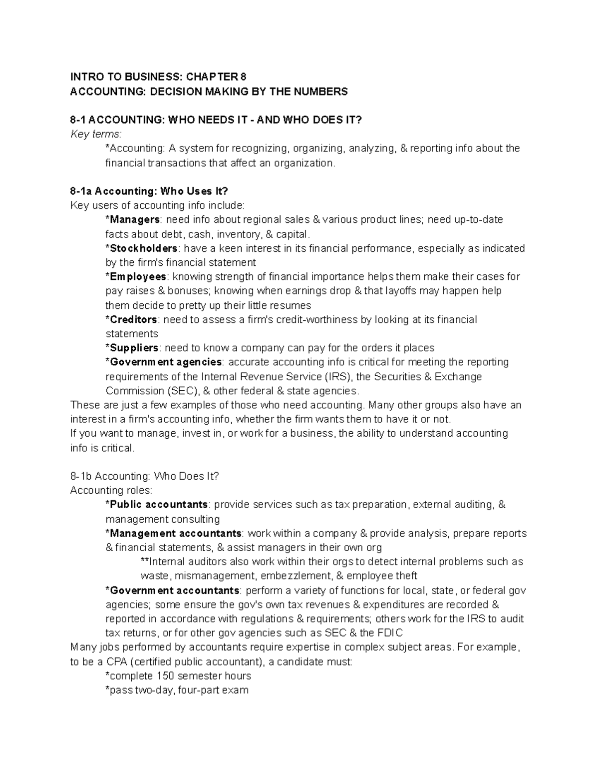 Intro to Business Chapter 8: Understanding Accounting & Financial ...