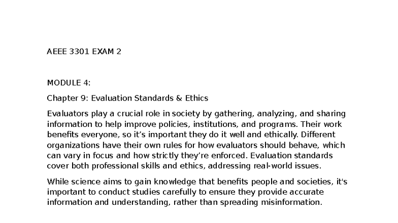 AEEE 3301 EXAM 2 MODULE 4: Evaluation Standards and Ethics in ...