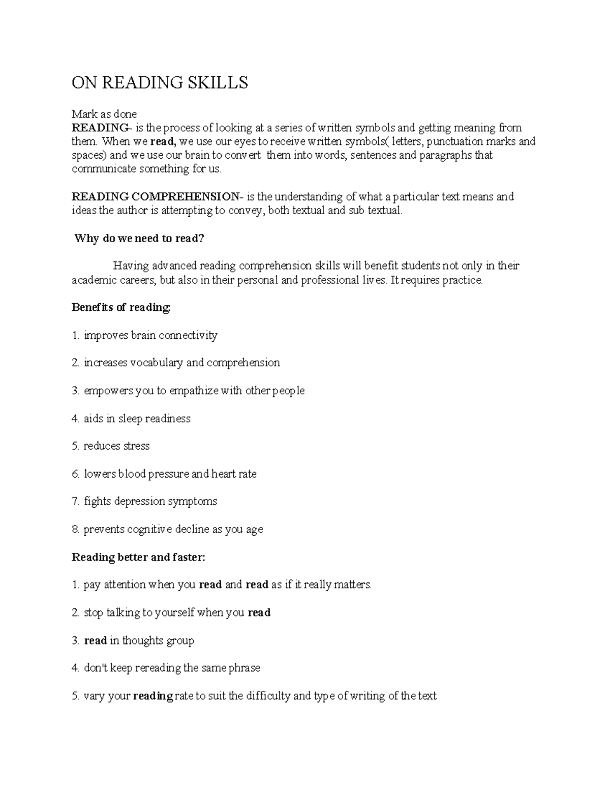 ON- Reading- Skills - Lesson Handouts for Comprehension Mastery - Studocu