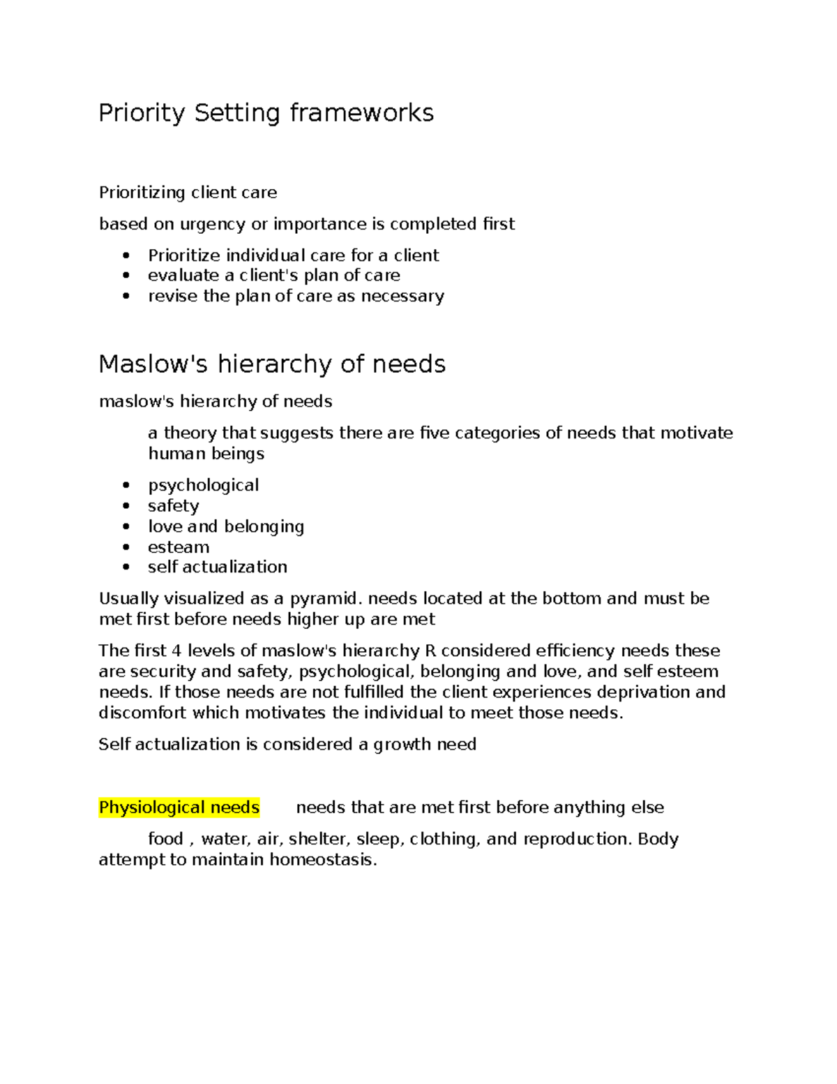 Priority Setting Frameworks: Client Care and Maslow's Hierarchy Notes ...