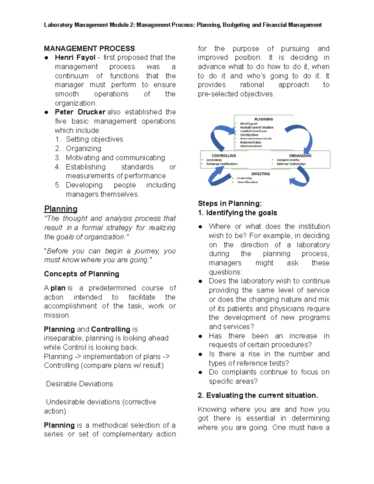 Labman Module 2 - MANAGEMENT PROCESS Henri Fayol - first proposed that the management process ...