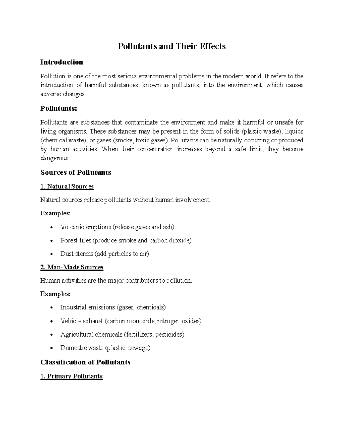 Pollutants and Their Effects: An Overview of Environmental Impact - Studocu